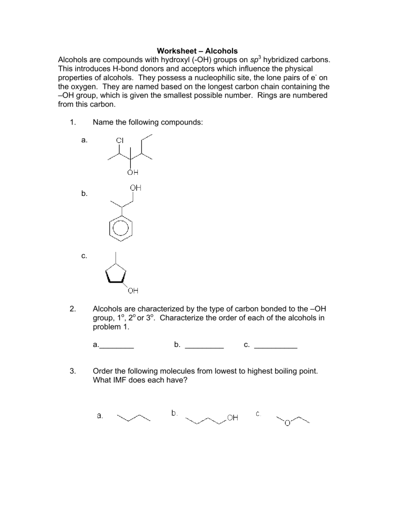 Alcohol Worksheet: Nomenclature, Properties, & Reactions
