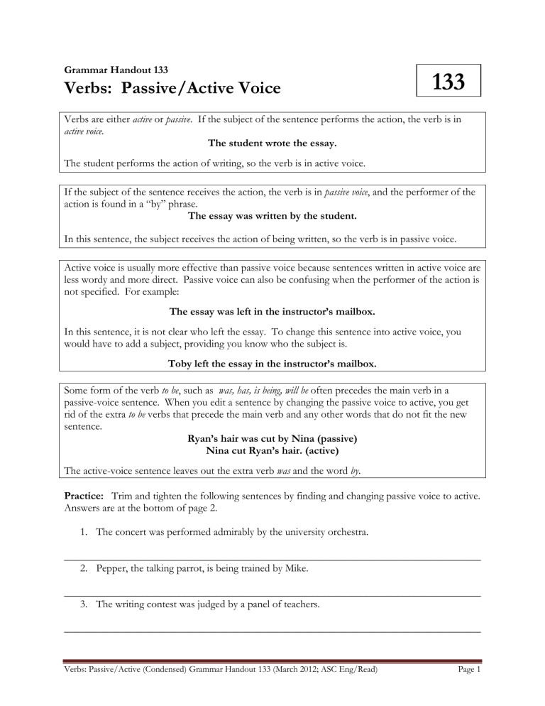 Active & Passive Voice Grammar Handout