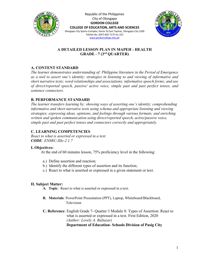Grade 7 Health Lesson Plan: Reacting to Assertions