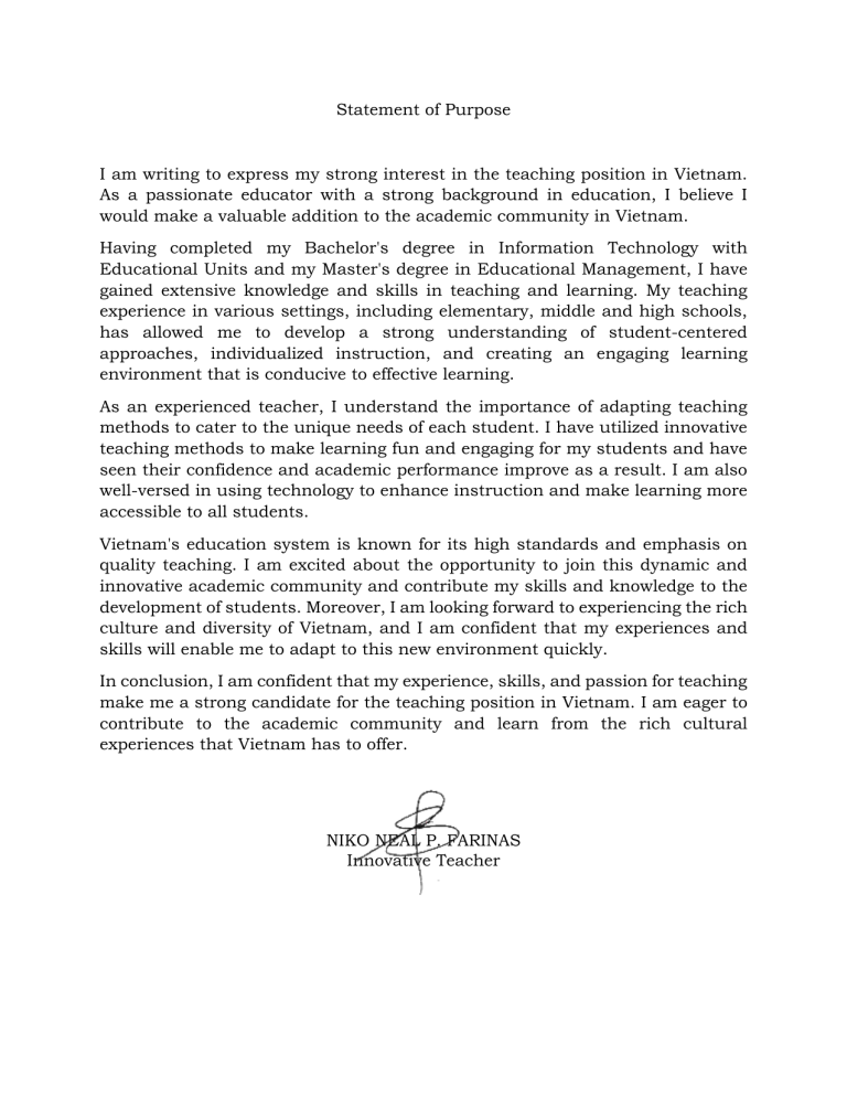 Statement of Purpose: Teaching Position in Vietnam