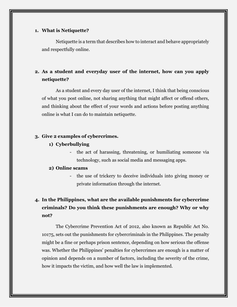 Netiquette and Cybercrime Worksheet