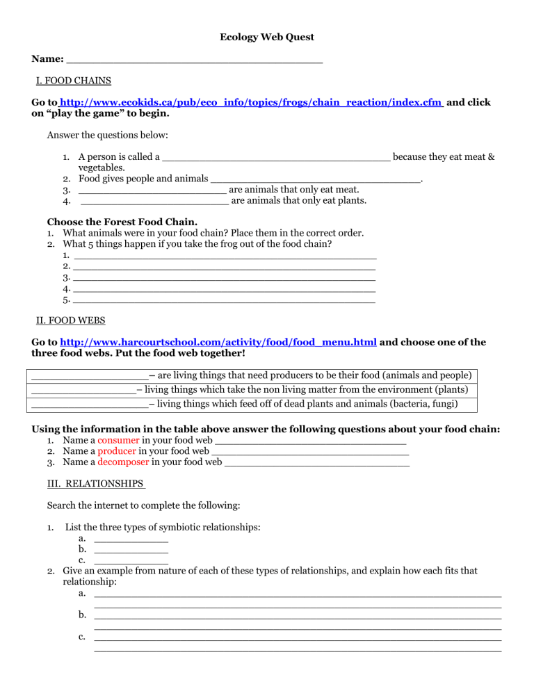 Ecology Web Quest: Food Chains, Webs, Biodiversity & Biomes