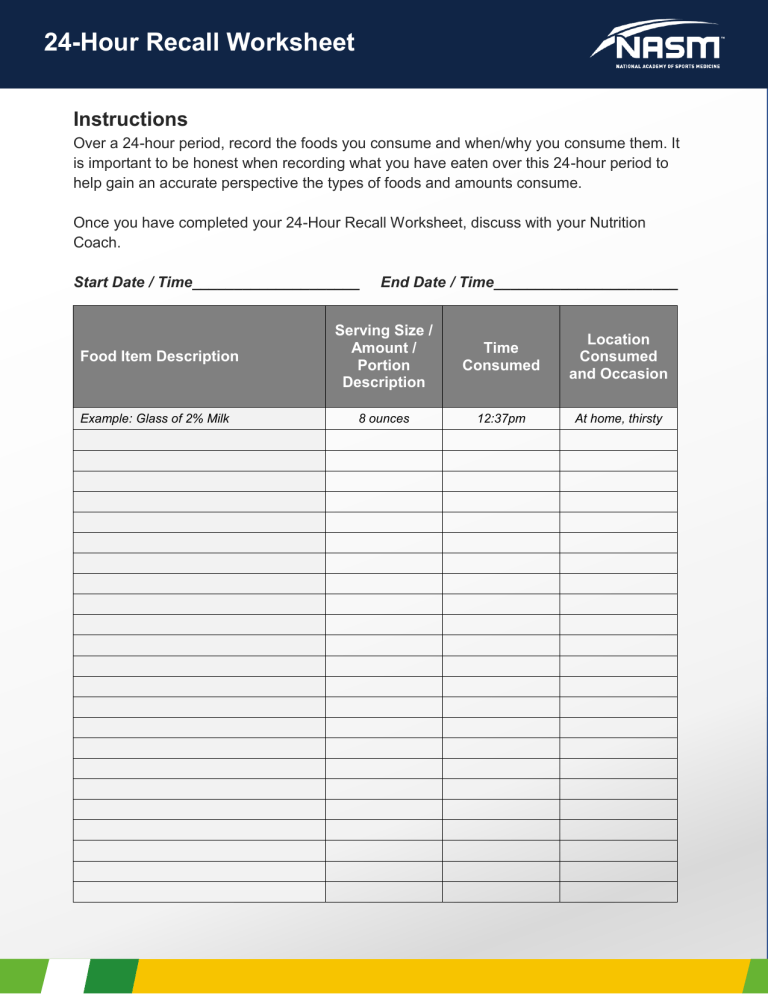 24-Hour Food Recall Worksheet