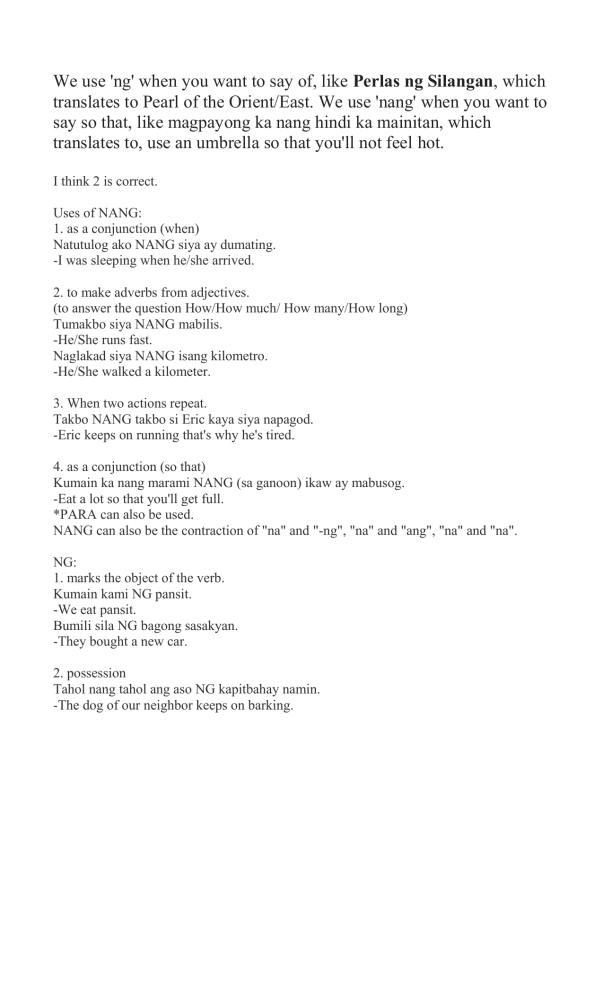 Tagalog Grammar: Understanding 'Ng' and 'Nang'