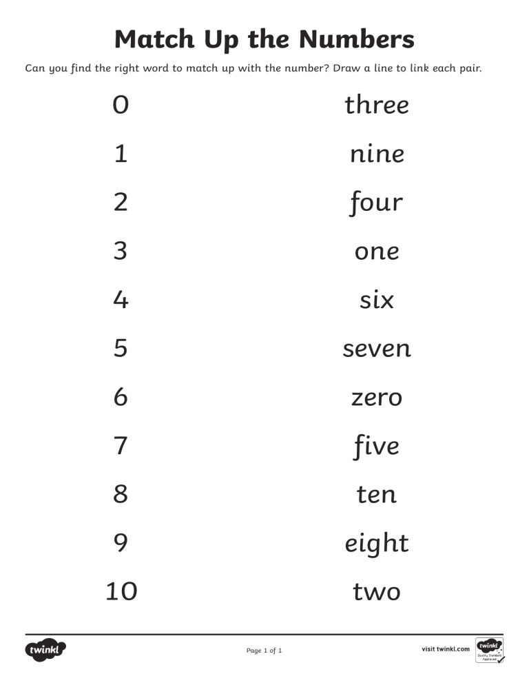 Match Numbers to Words Worksheet