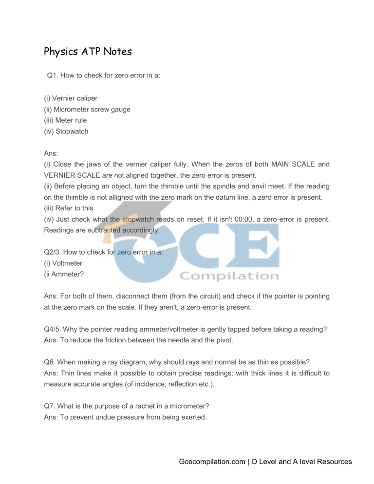 Physics ATP Notes: Practical Experiments Guide