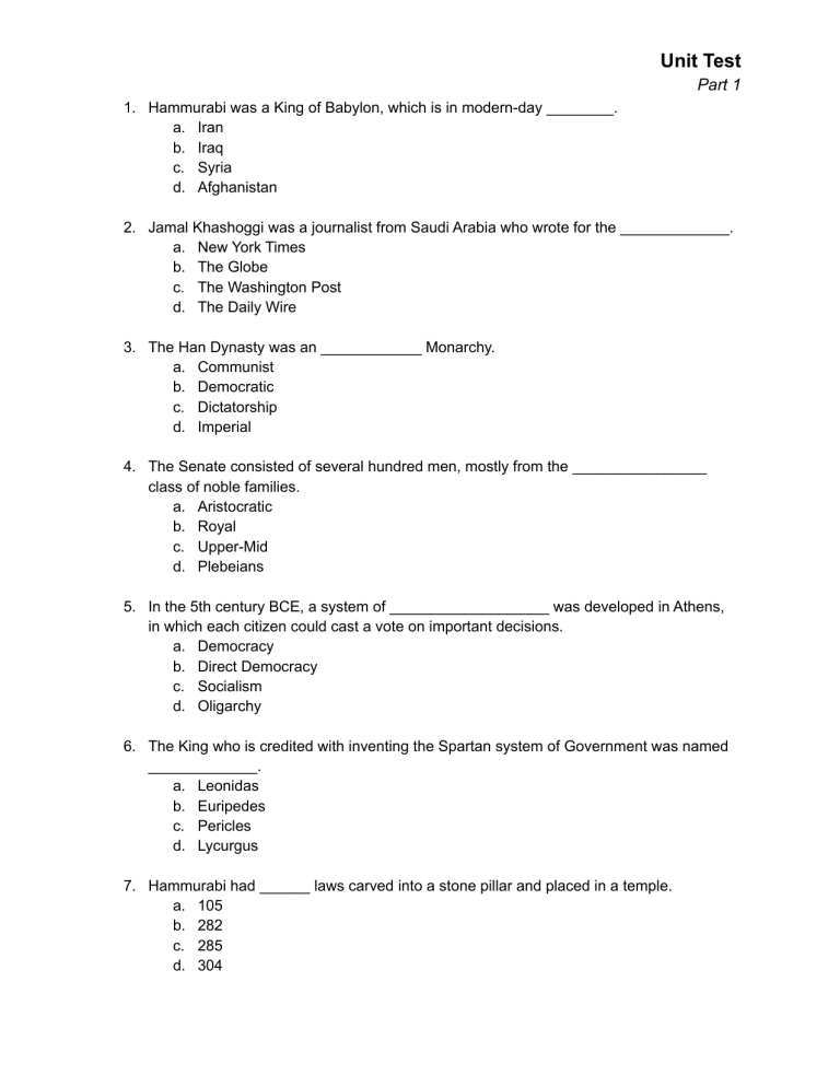 History Unit Test: Ancient Civilizations & Governments