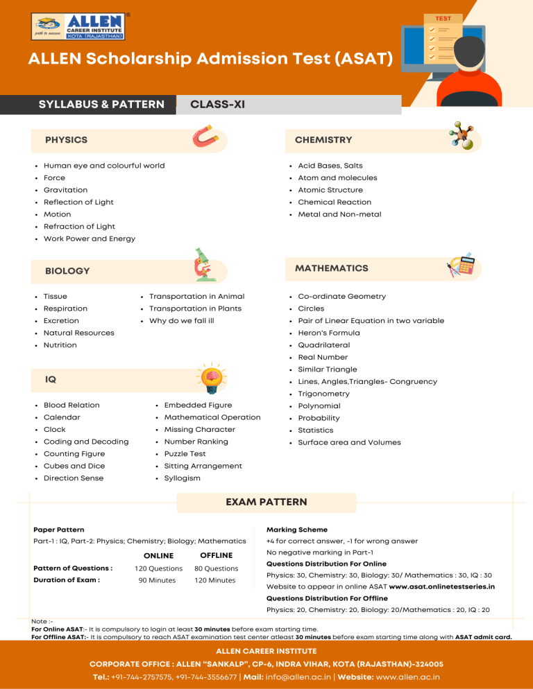 ALLEN ASAT Class XI Syllabus & Exam Pattern
