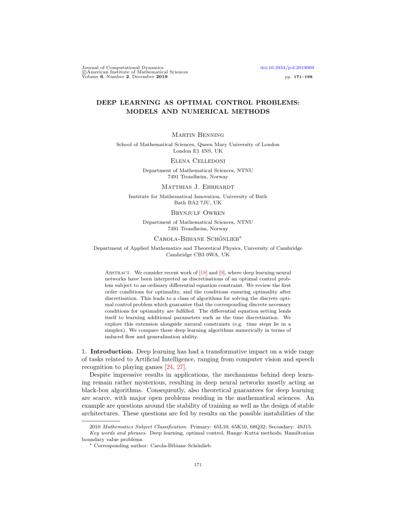 Deep Learning as Optimal Control: Models & Methods