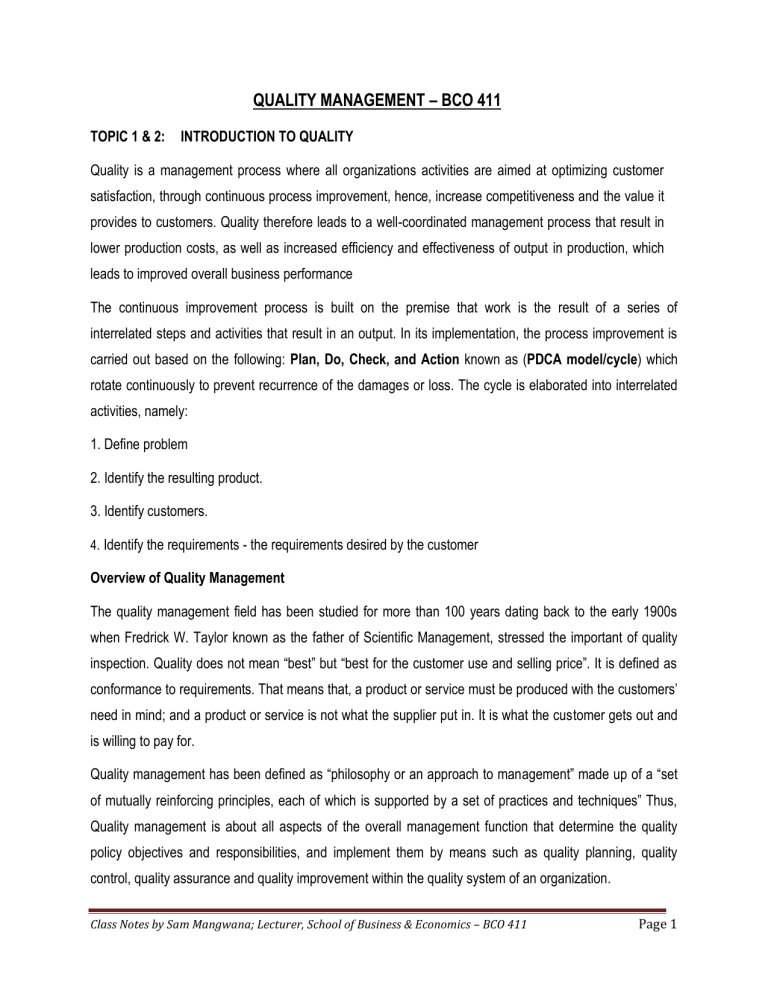 Quality Management Class Notes