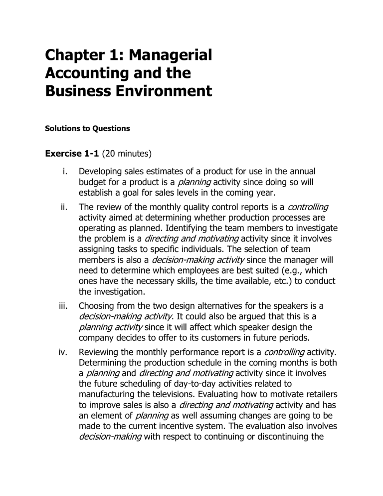 Managerial Accounting Exercise Solutions