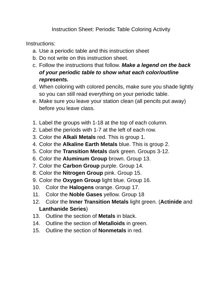 Periodic Table Coloring Activity Instructions