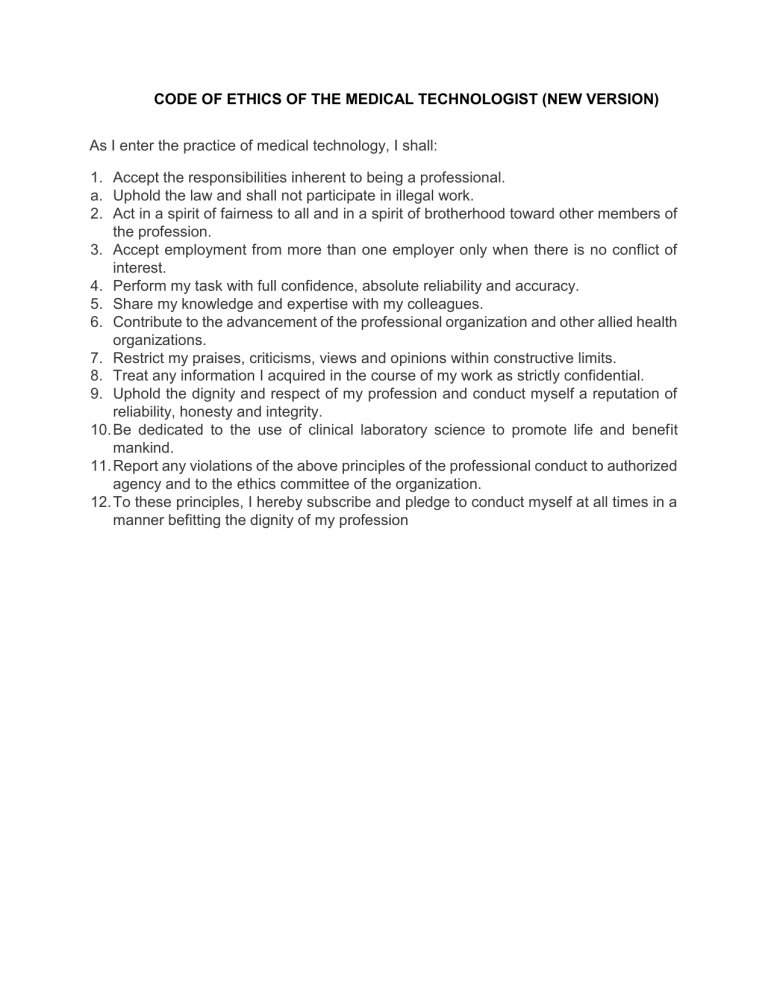 Medical Technologist Code of Ethics