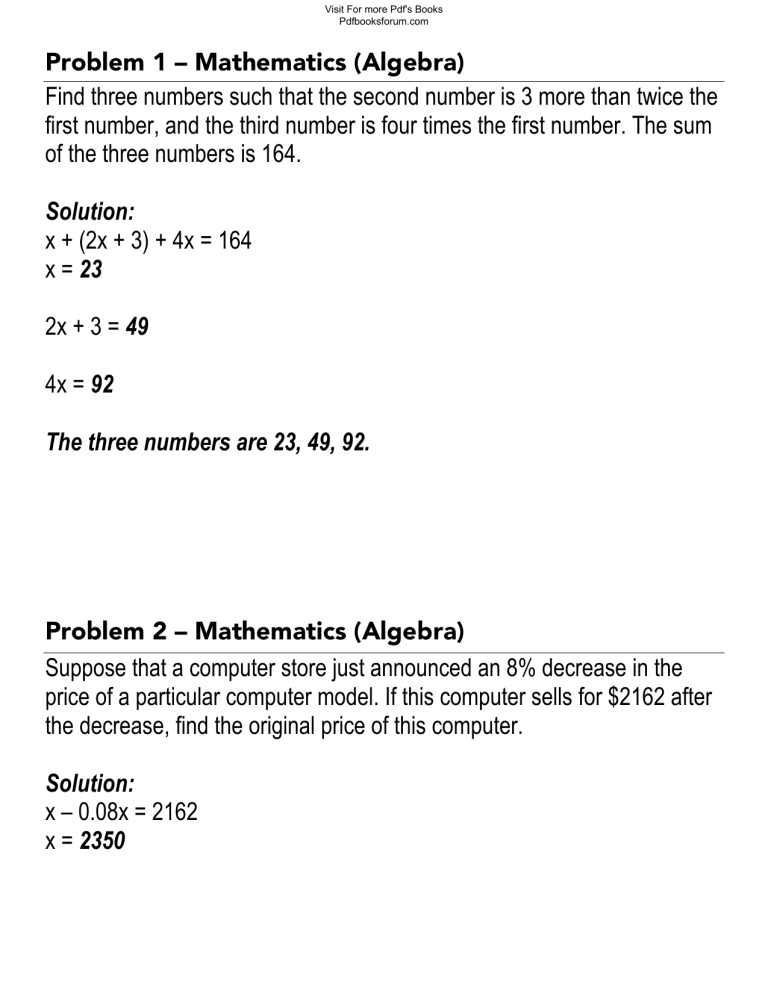 Algebra Word Problems and Solutions