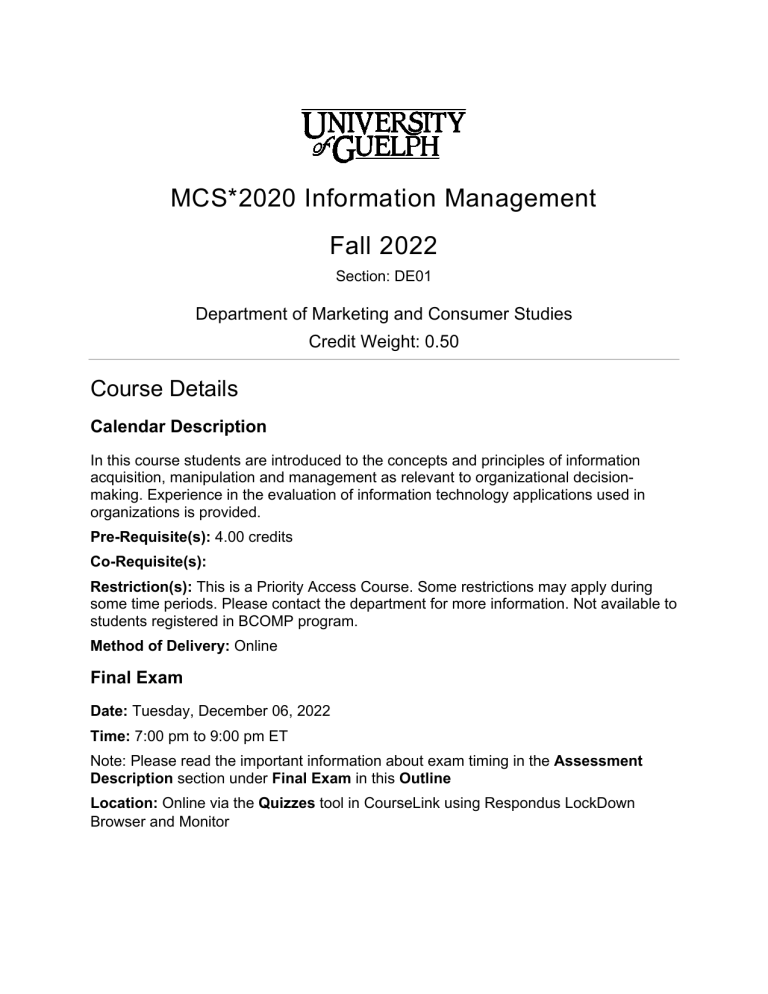 MCS*2020 Information Management Course Outline