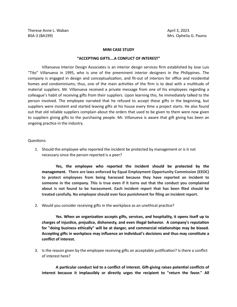 Gift Giving Conflict of Interest Case Study