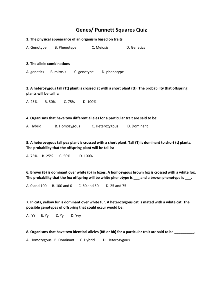 Genetics & Punnett Squares Quiz
