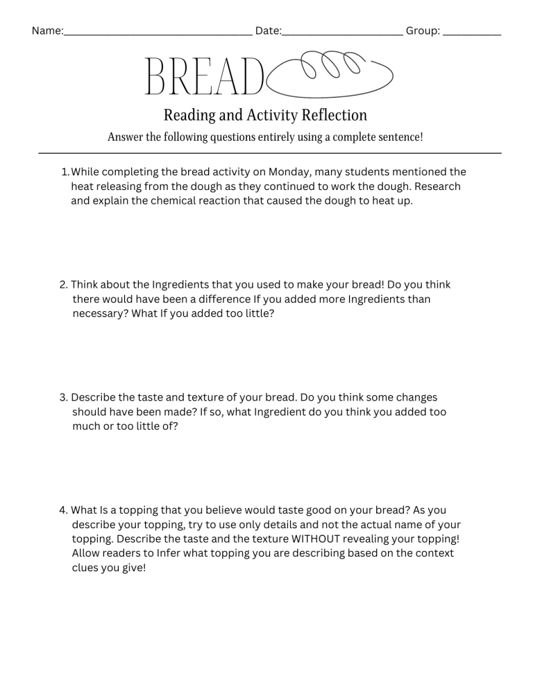 Bread Making & Literature Reflection Worksheet