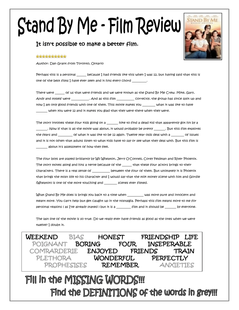 Stand By Me Film Review Worksheet