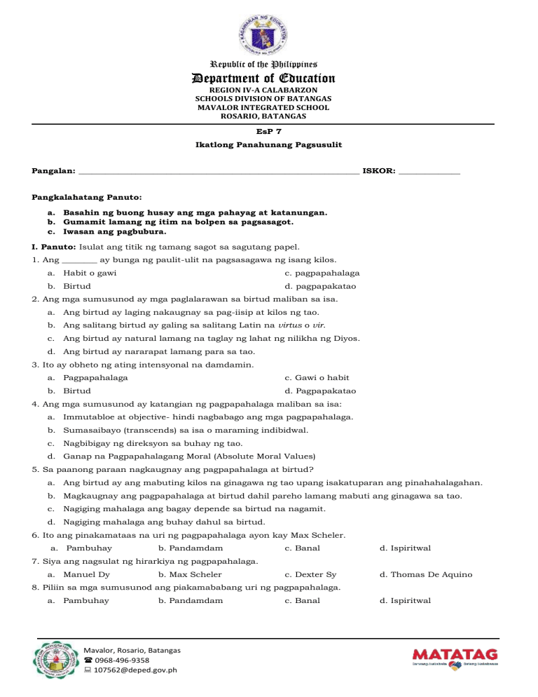 EsP 7 Exam: Values, Virtues, Personal Development