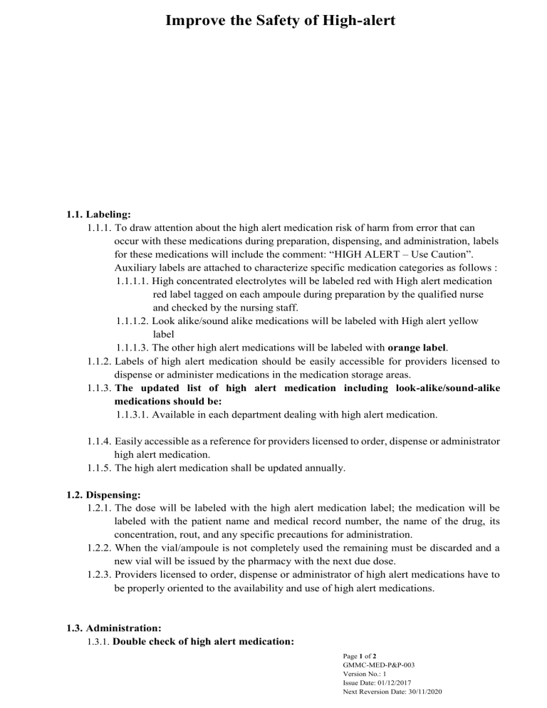 High-Alert Medication Safety Policy
