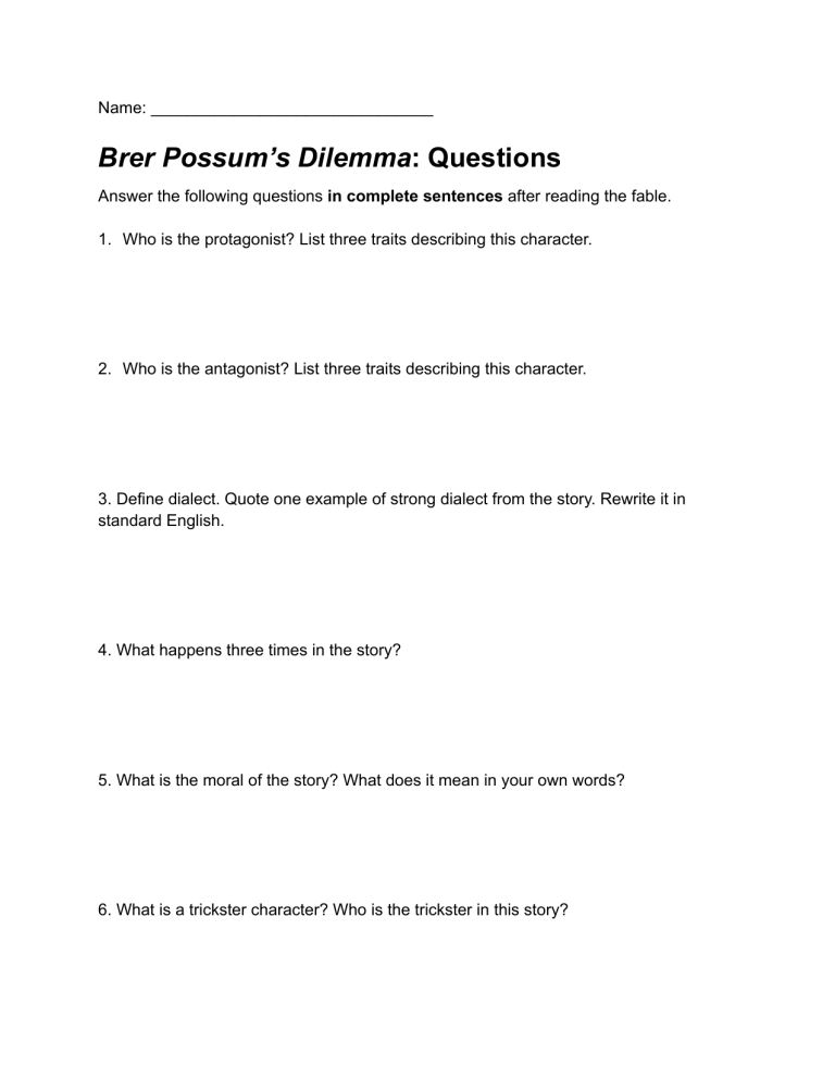 Brer Possum's Dilemma Worksheet
