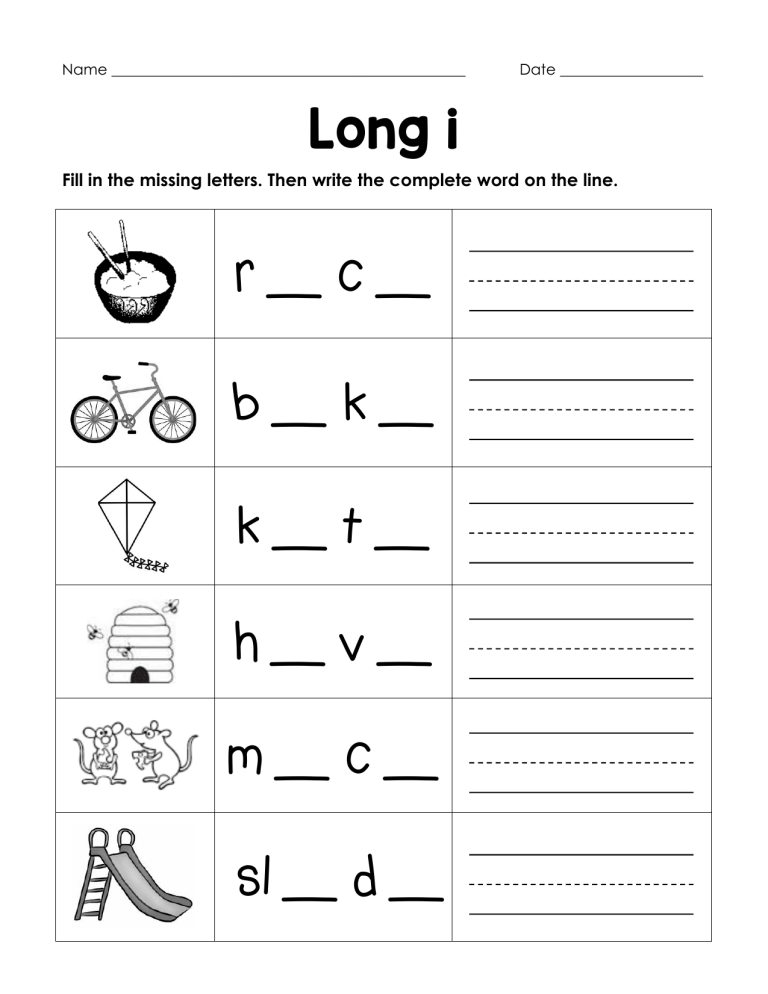 Long i Sound Worksheet for Elementary School