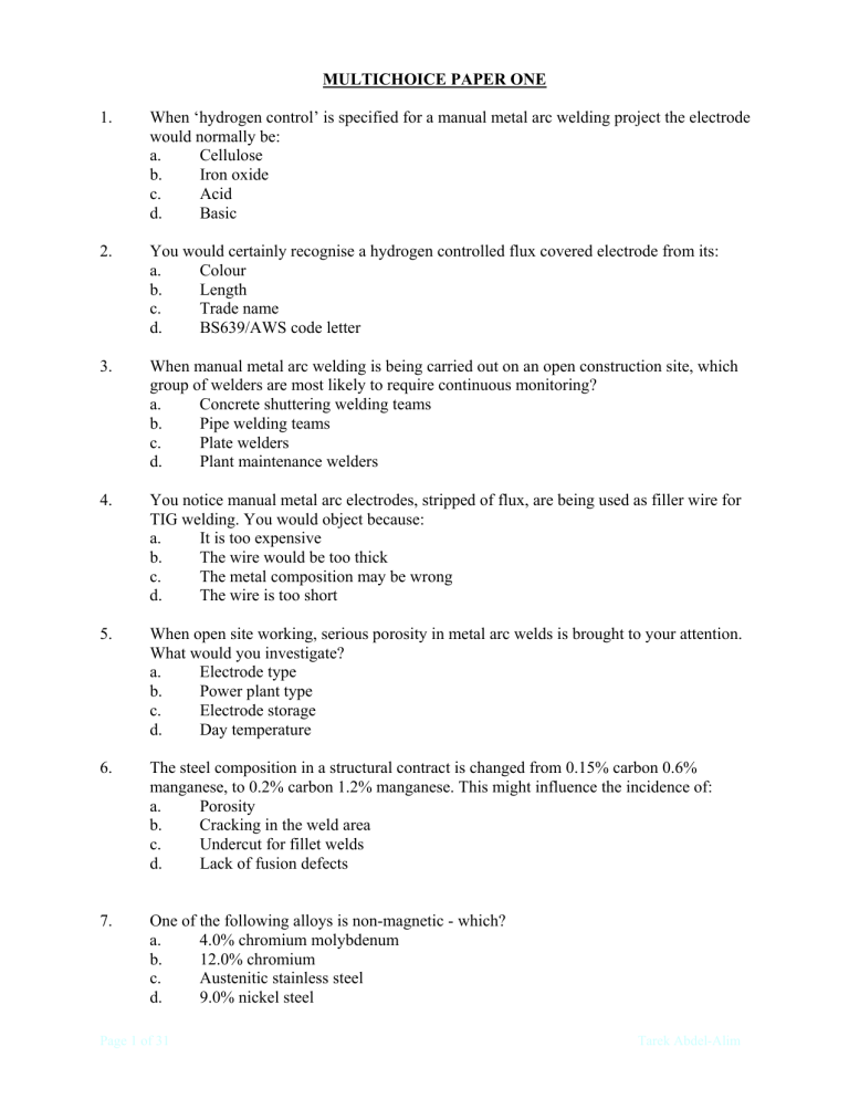 Welding Exam Paper: MMA, TIG, Materials, Defects