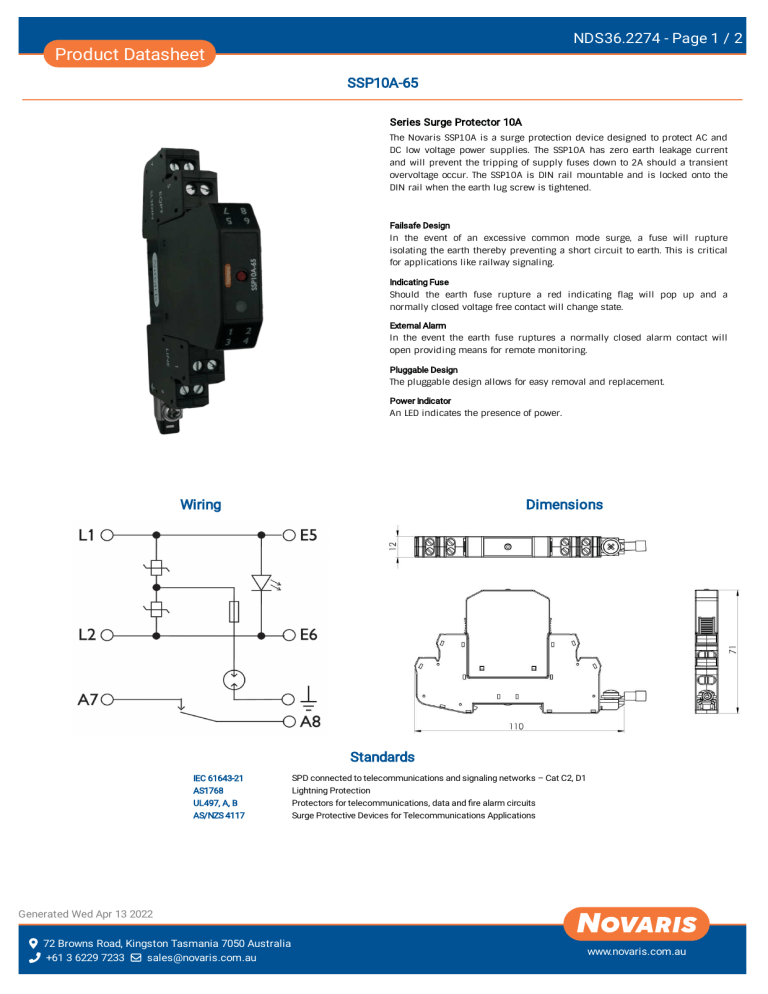 Novaris SSP10A-65 Surge Protector Datasheet