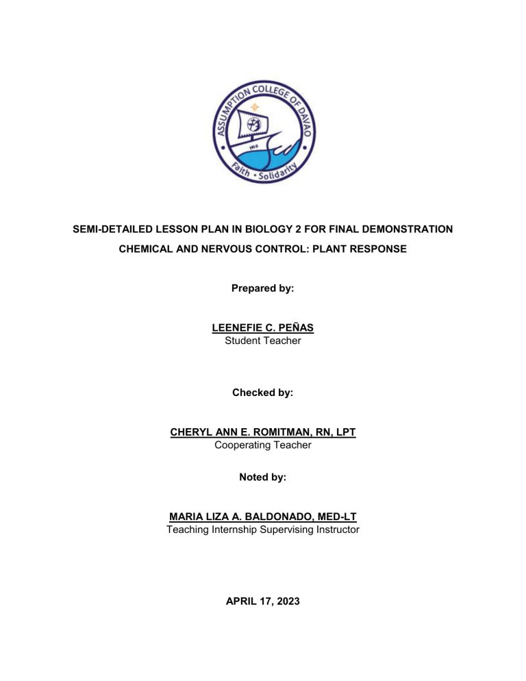 Plant Response Lesson Plan: Chemical & Nervous Control