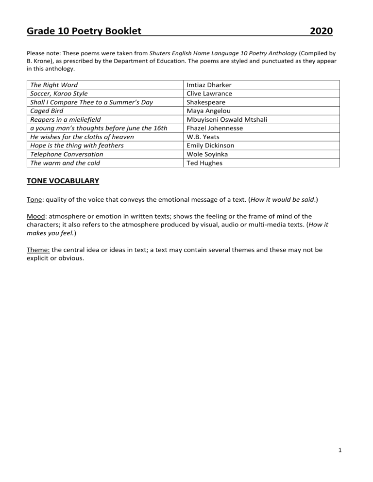 Grade 10 Poetry Booklet: Analysis & Questions