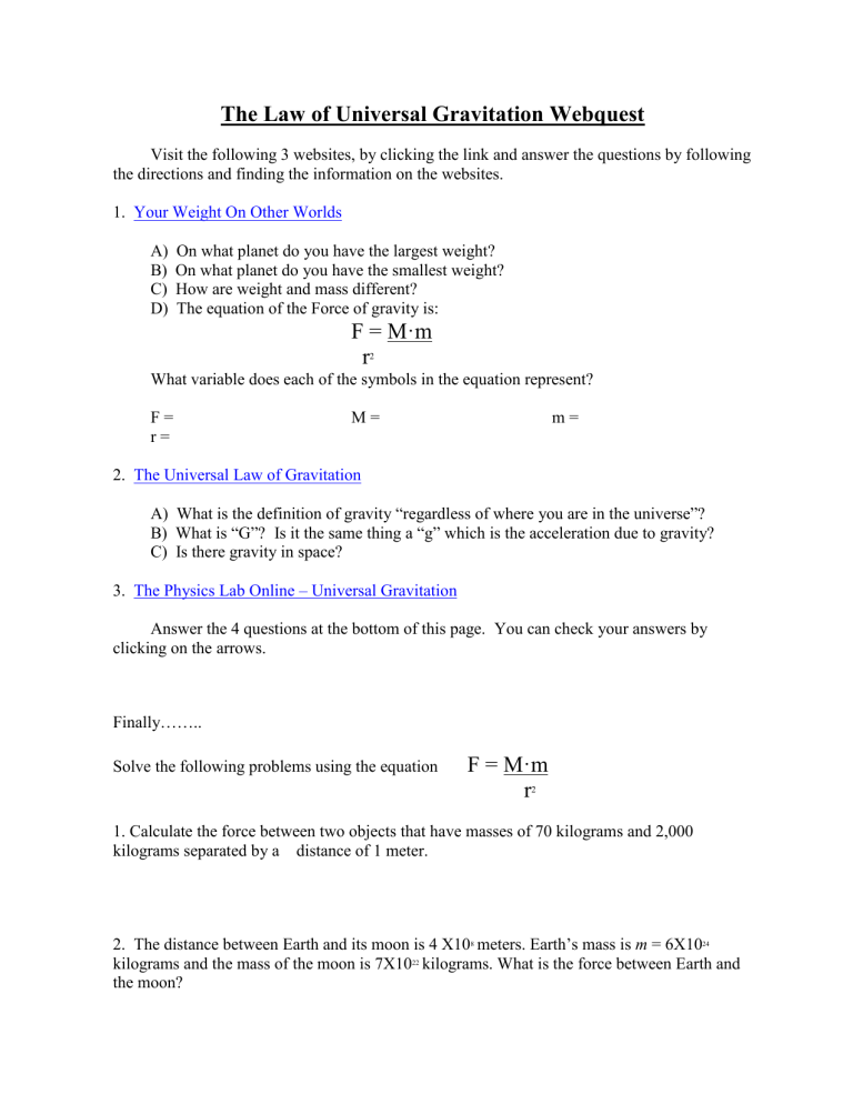 Universal Gravitation Worksheet
