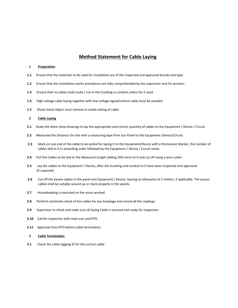 Cable Laying Method Statement