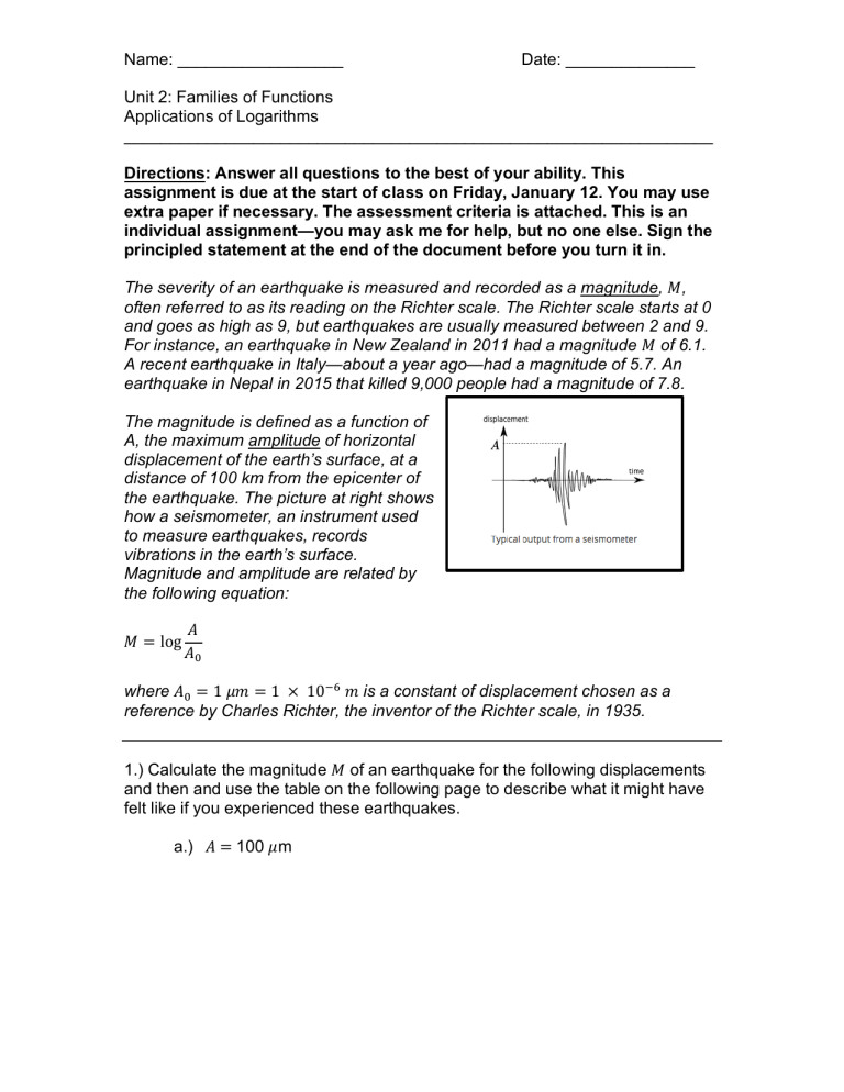 Logarithms & Earthquake Worksheet