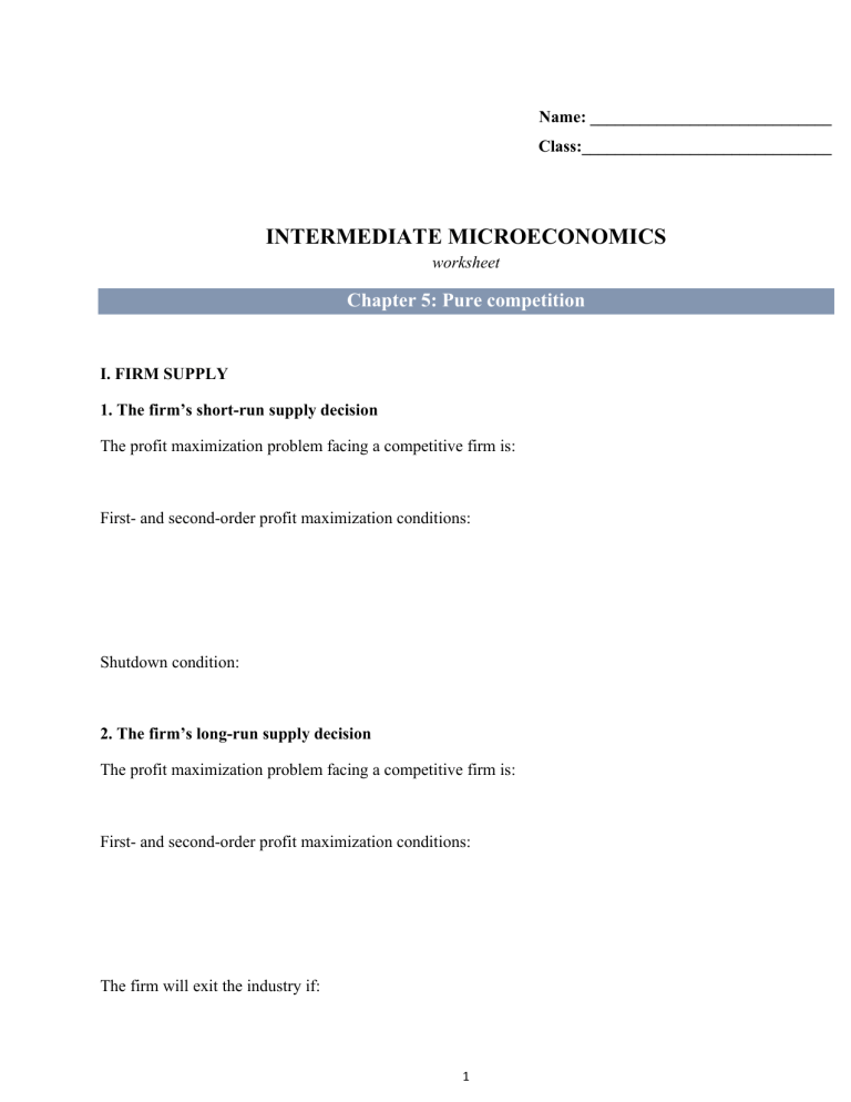 Microeconomics Worksheet: Pure Competition