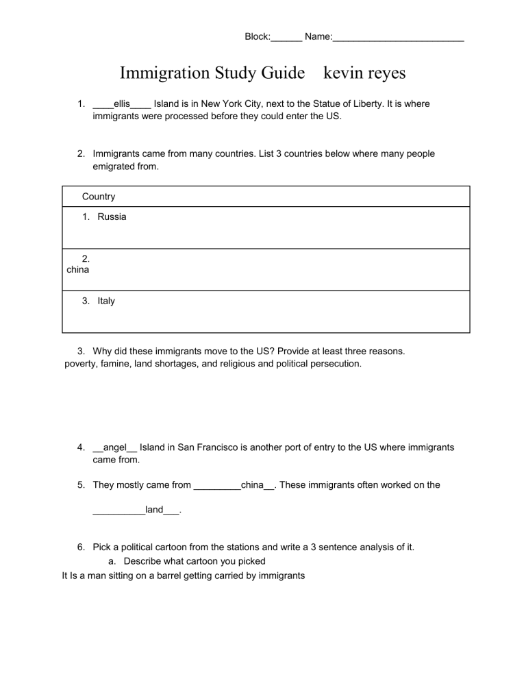 Immigration Study Guide: Ellis & Angel Islands