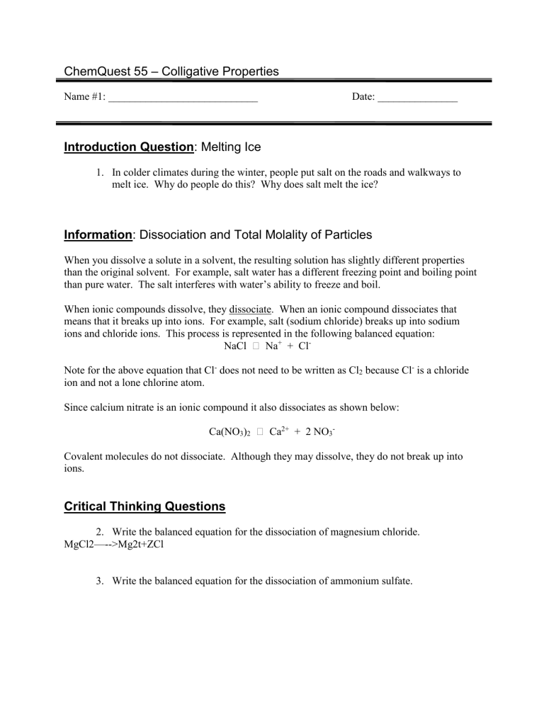 Colligative Properties Worksheet: Chemistry Problems