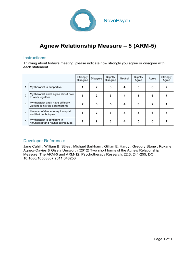Agnew Relationship Measure (ARM-5) Questionnaire