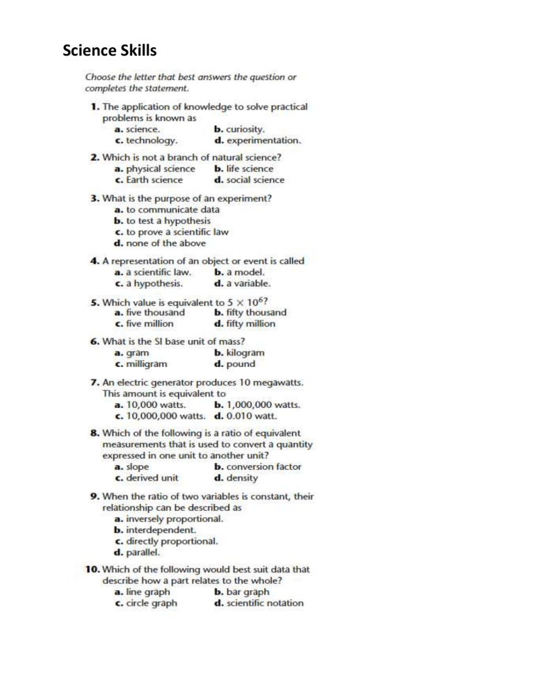 Science Skills Worksheet: Measurement, Method, Data