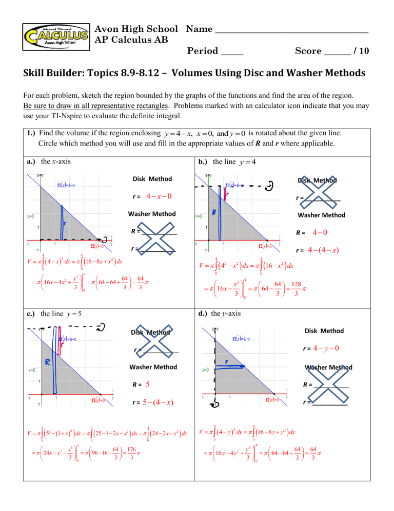 Calculus Volumes: Disc & Washer Methods Worksheet