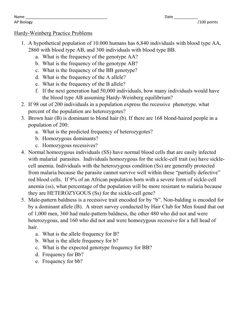 Hardy-Weinberg Practice Problems Worksheet
