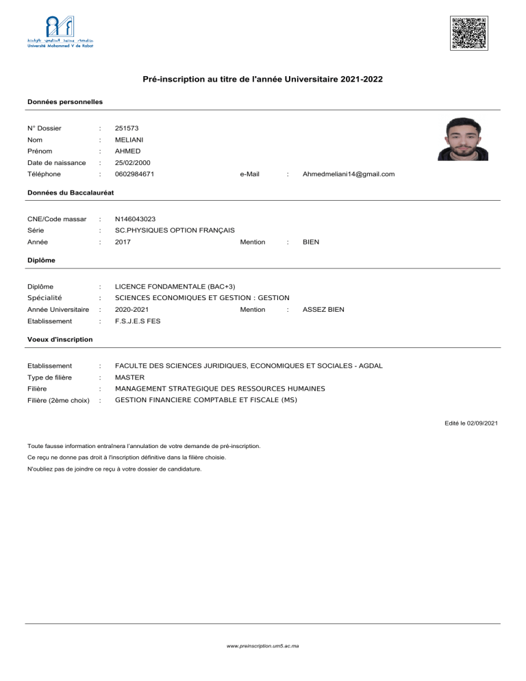 Reçu de pré-inscription universitaire 2021-2022