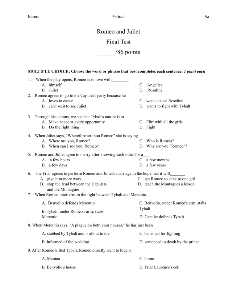 Romeo and Juliet Final Test
