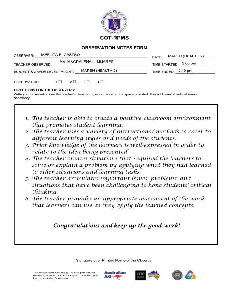 MAPEH Health 2 Observation Notes Form