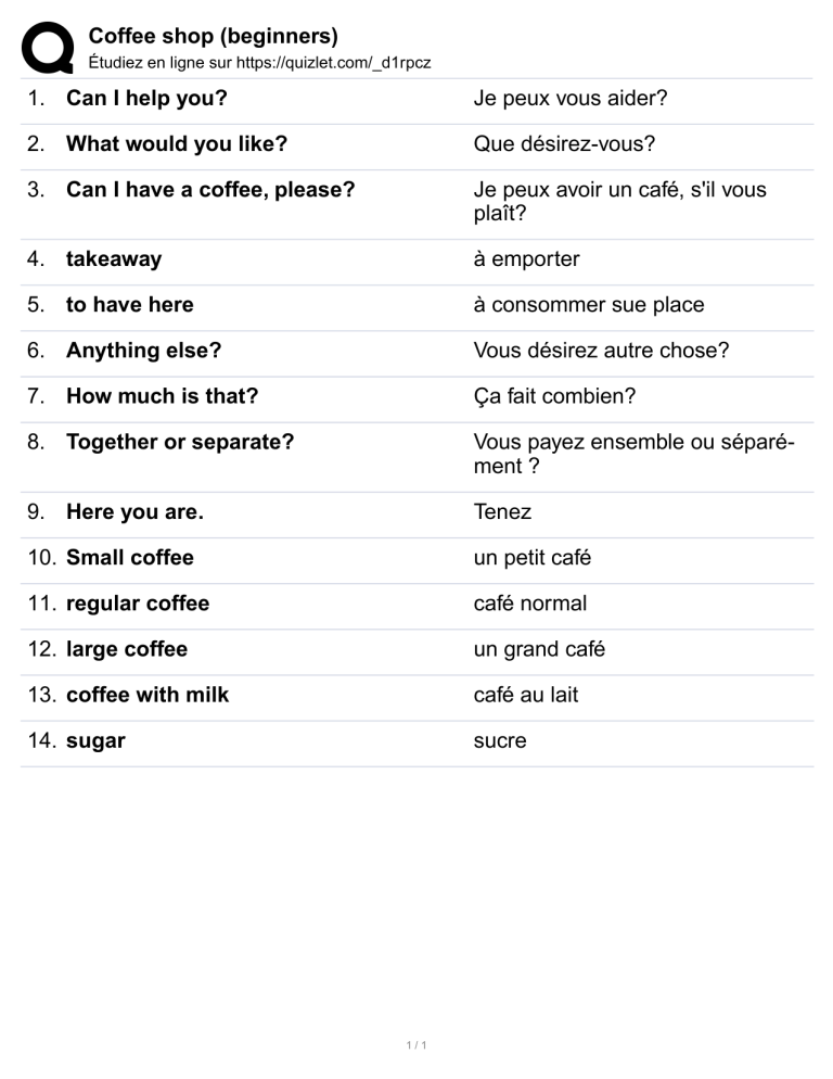 Lexique de base pour commander au café en français