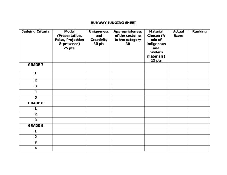 Runway Judging Sheet: Fashion Show Scorecard