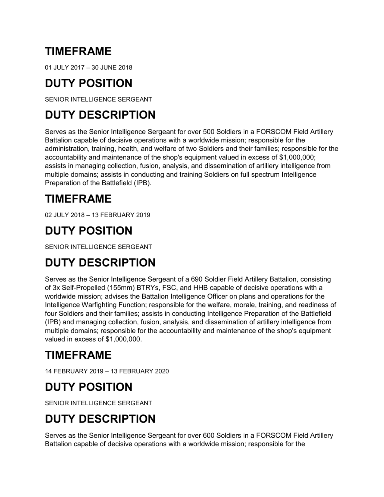 Senior Intelligence Sergeant Duty Descriptions