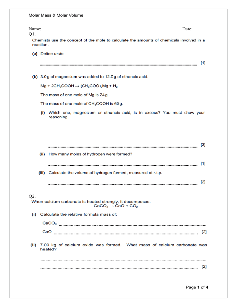 Molar Mass & Volume Worksheet