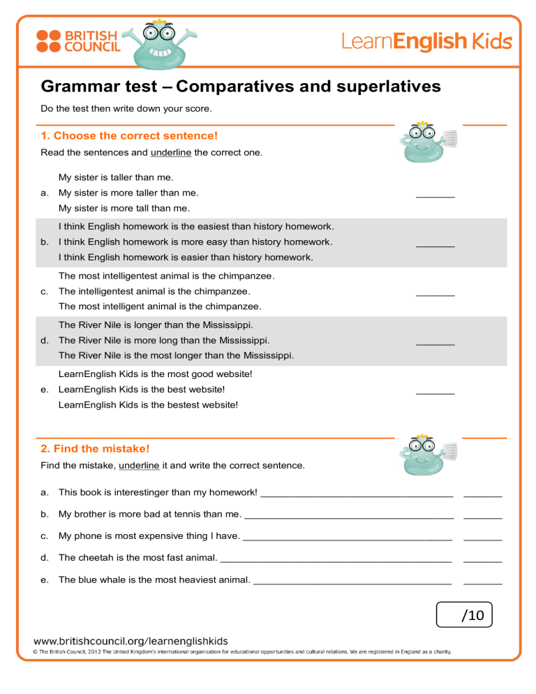 Comparatives & Superlatives Grammar Test for Kids