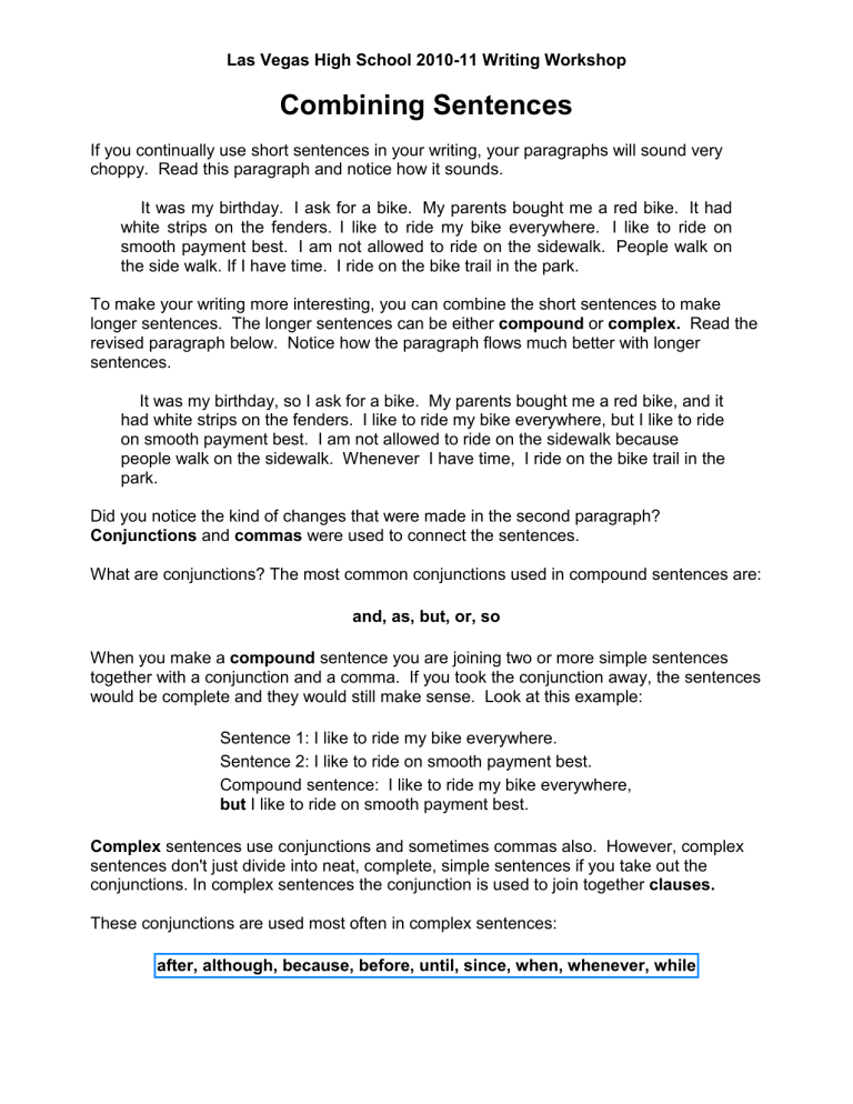 Sentence Combining Worksheet: Compound & Complex Sentences